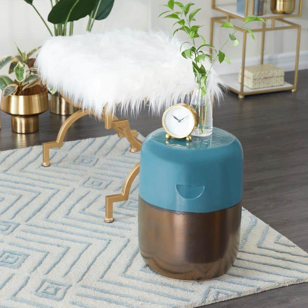 Litton Lane 13 in. Blue Medium Round Stoneware End Accent Table 040522 ...