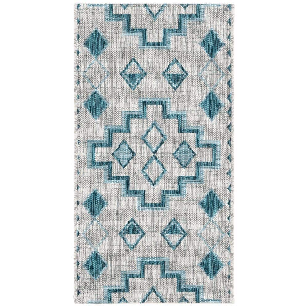 SAFAVIEH Courtyard Gray/Teal 3 ft. x 5 ft. Aztec Tribal Indoor/Outdoor ...