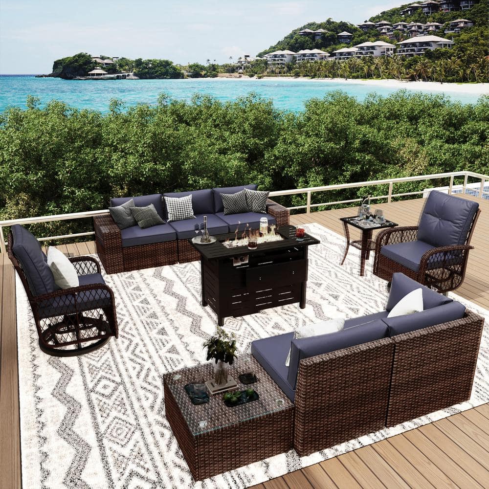 Sizzim 10-Piece Patio Wicker Sectional Set with Swivel Rocking Chairs ...