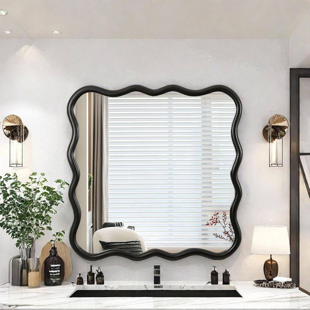 36 in. W x 36 in. H Solid Wood Wavy Wall Mirror Square Vanity Mirror ...