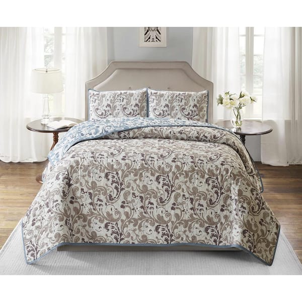Harper Lane Scroll 3-Piece Tan Microfiber Full/Queen Quilt Set 14944 ...