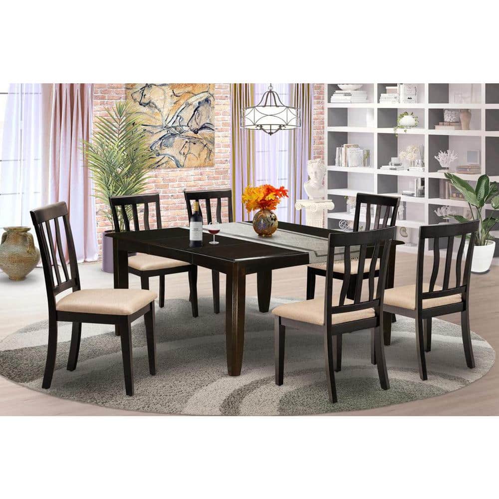 East West Furniture 7-Piece Cappuccino Finish Solid Wood Top Dining ...