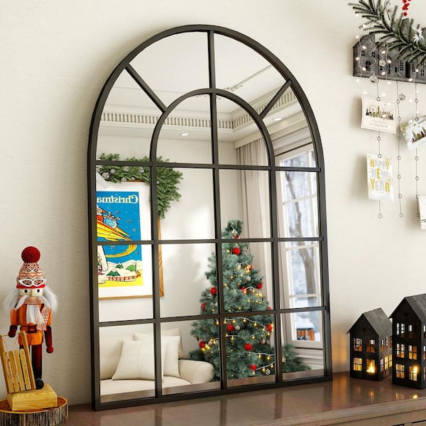 XRAMFY Black 24 in. W x 36 in. H Arched Windowpane Aluminum Alloy ...