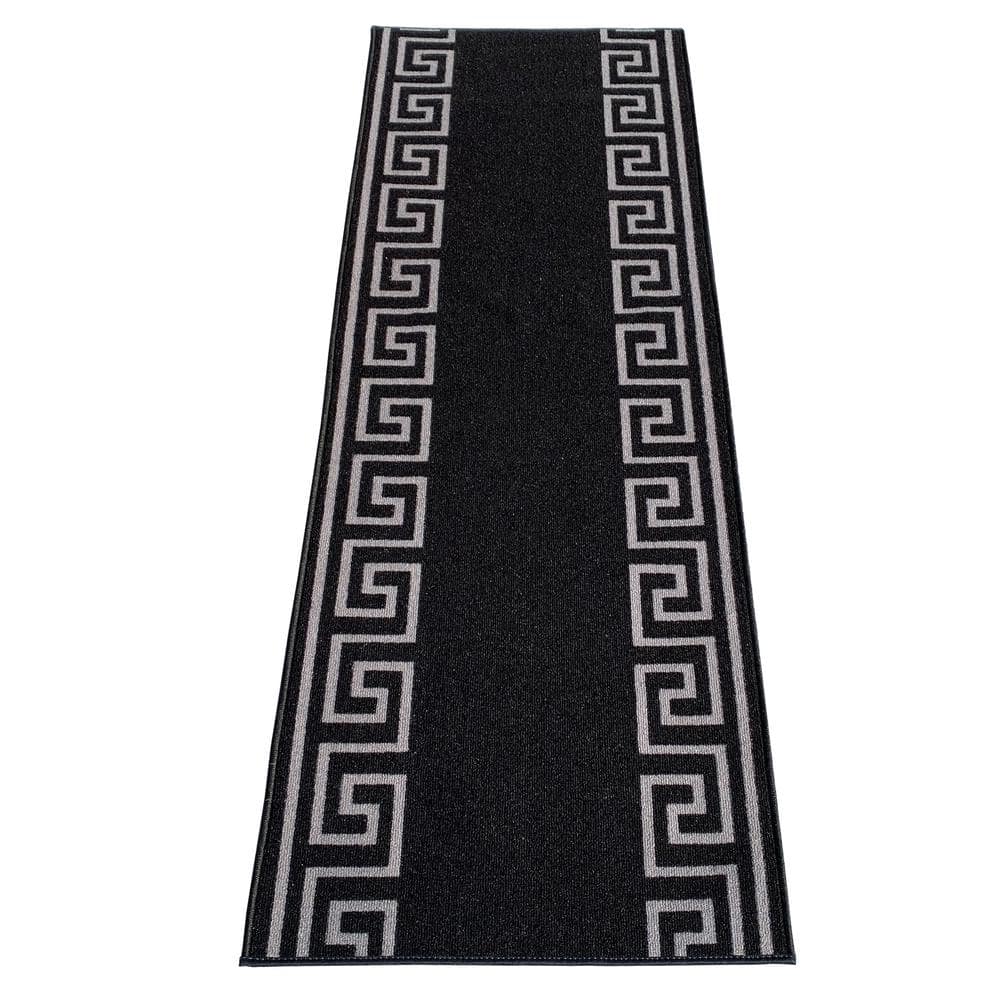 PLAYA RUG Greek Key Black and Silver 26 in. W x 50 ft. L Runner Rug ...
