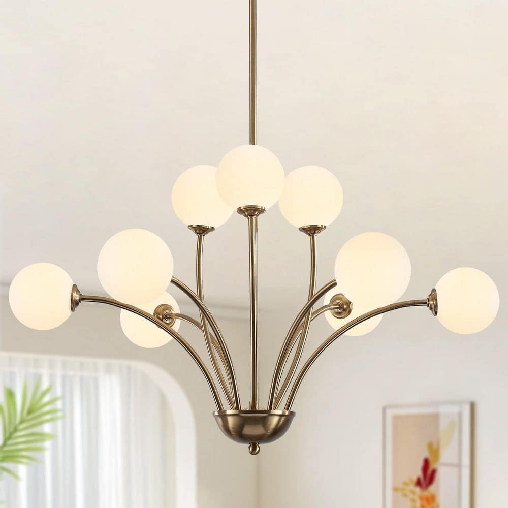 ETONIMERR 29.7 in. 9-Light Antique Brass Modern Sputnik Glass Bubble ...