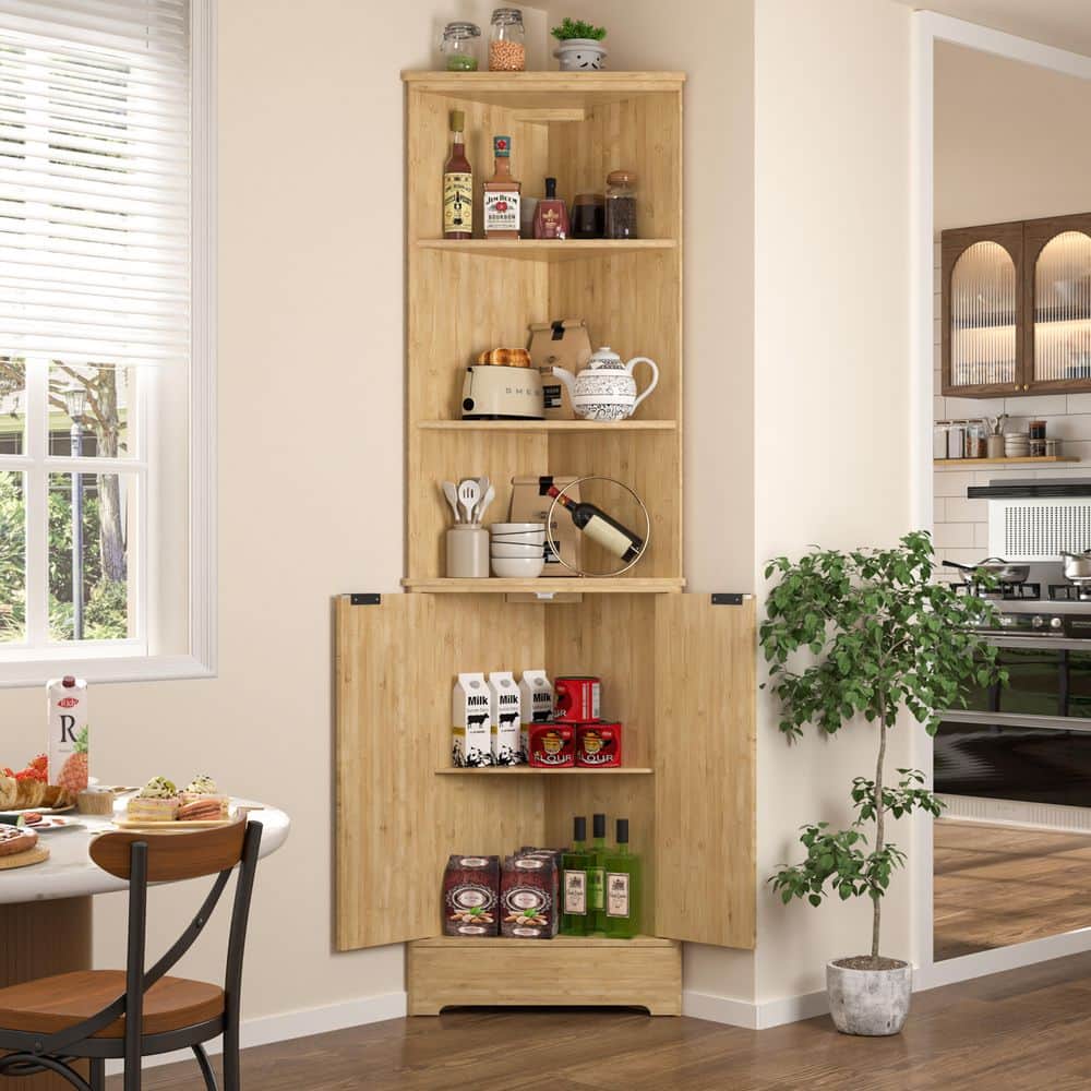 VEIKOUS Yellow 68 in. H Bamboo Corner Cabinet with Fluted Doors and ...