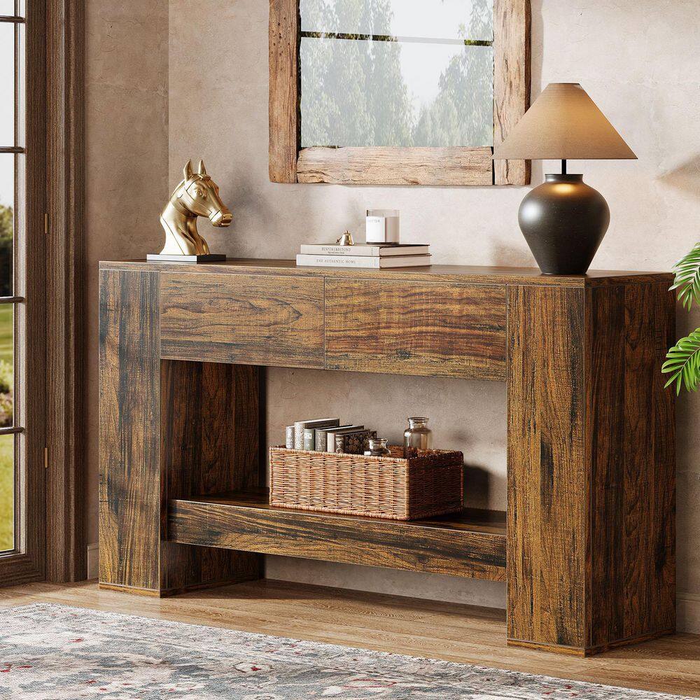 BYBLIGHT Turrella 55.1 in. Rustic Brown Rectangle Wood Console Table ...