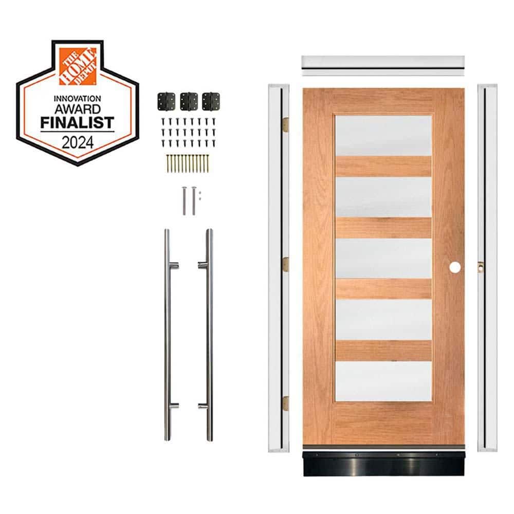 Krosswood Doors DIY RTA Kit Faux Pivot 36 x 80 in. 5-Lite Frosted Glass Left-Hand Teak Stain ...