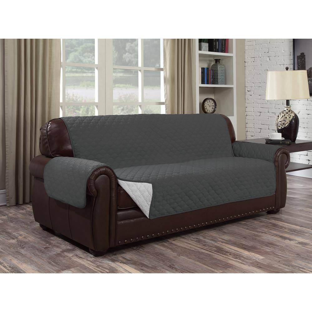 J&V TEXTILES Grey Microfiber Water Resistant Reversible Sofa Slipcover ...