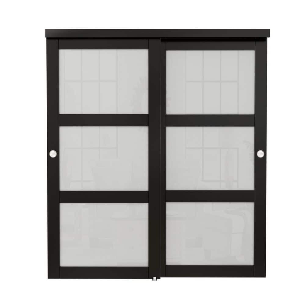 EH PUERTA 72 in. x 80 in. 3 Lites Frosted Glass MDF Black Closet ...