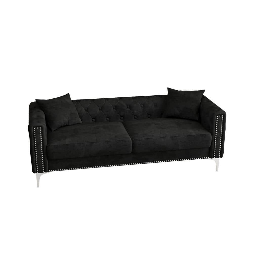 Z-joyee 83 in. Wide Square Arm Velvet Modern Rectangle Sofa in Black P ...