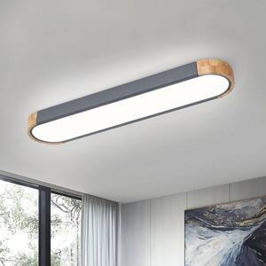 HUOKU Lumin 38 in. W 1-Light White and Wood Integrated LED Flush Mount ...