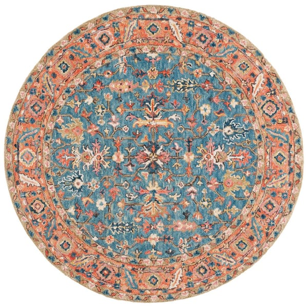 SAFAVIEH Blossom 6 ft. x 6 ft. Blue/Rust Abstract Border Floral Round ...