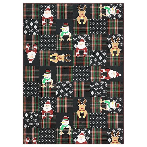 8 ft. x 10 ft. Black Christmas Rug Santa Claus Reindeer Print Washable ...