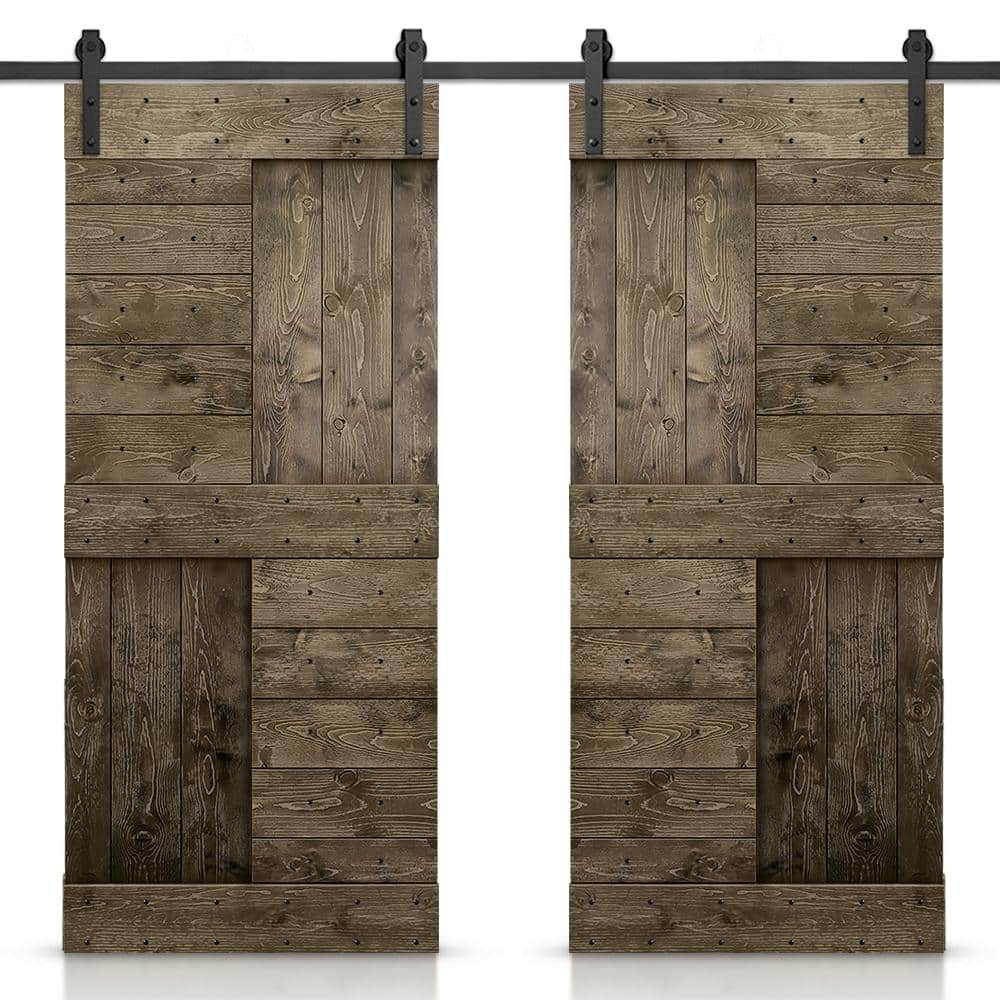 CALHOME 84 in. x 84 in. Espresso Stained DIY Knotty Pine Wood Interior Double Sliding Barn Door ...