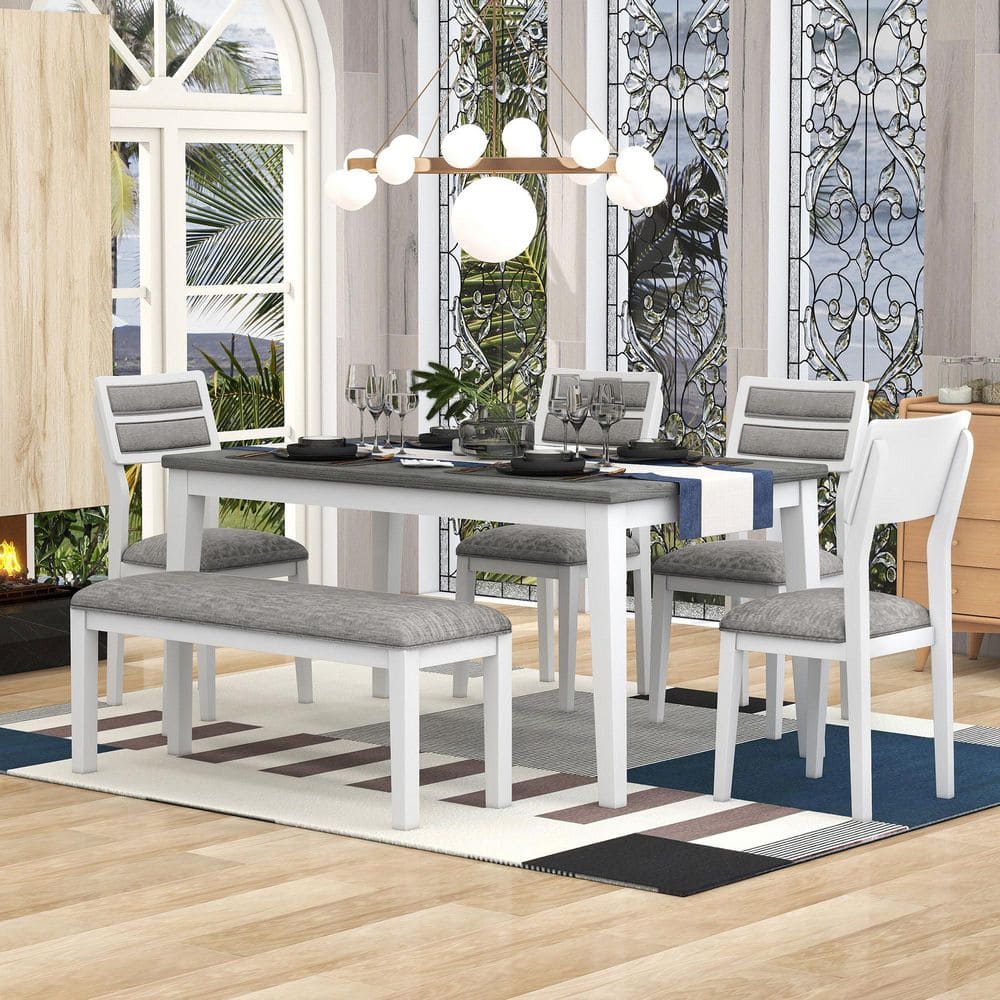 Qualler 6-Piece White & Gray Dining Set with Upholstered Chairs and ...