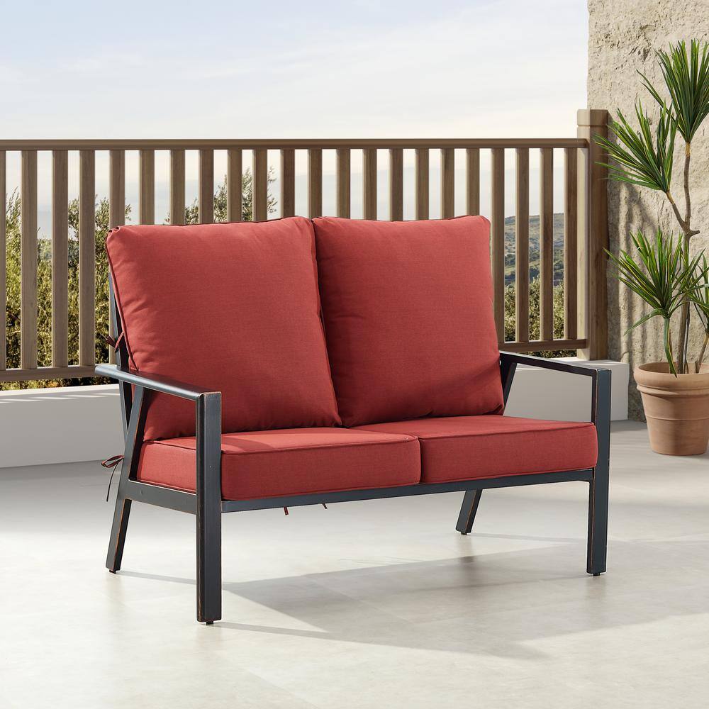 Oakland Living Black 1-Piece Aluminum Outdoor Loveseat with Red Cushion ...