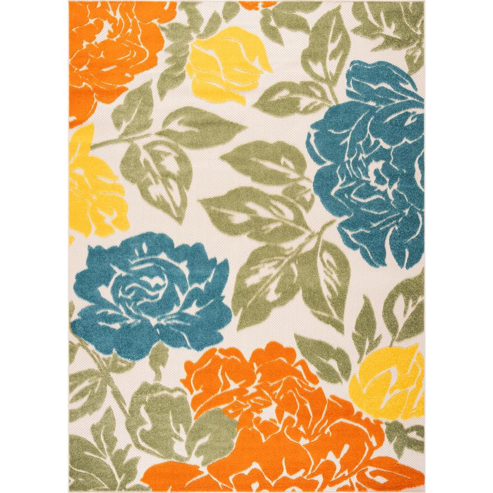 Tayse Rugs Oasis Gold 8 ft. x 10 ft. Floral Indoor/Outdoor Area Rug ...
