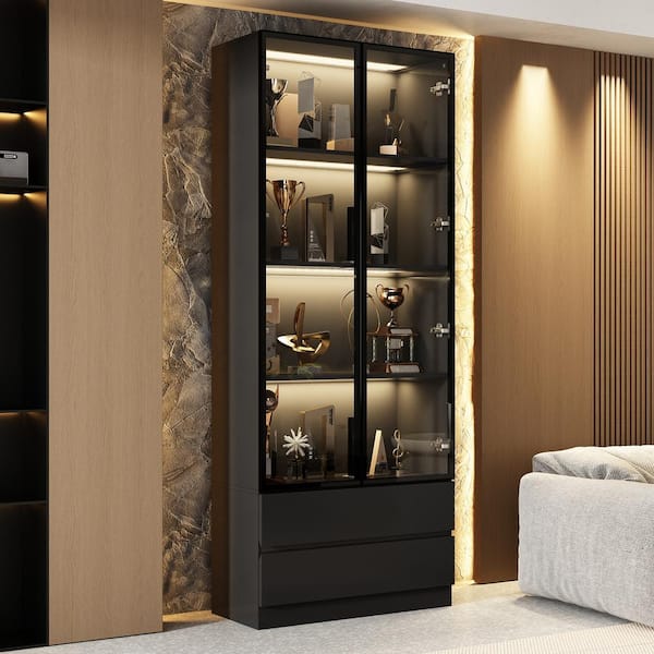 Black Wood 31.5 in. W Display Cabinet with Tempered Glass Doors Drawers Adjustable Shelves LED Lights