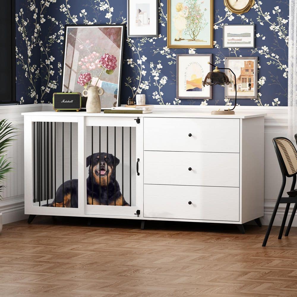 FUFU&GAGA Large Dog Crate Storage Cabinet, Wooden Heavy-Duty Dog Pens Crate with 3-Drawers for ...