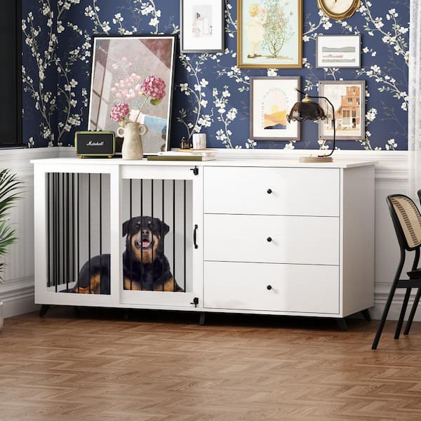 FUFU&GAGA Large Dog Crate Storage Cabinet, Wooden Heavy-Duty Dog Pens Crate with 3-Drawers for ...