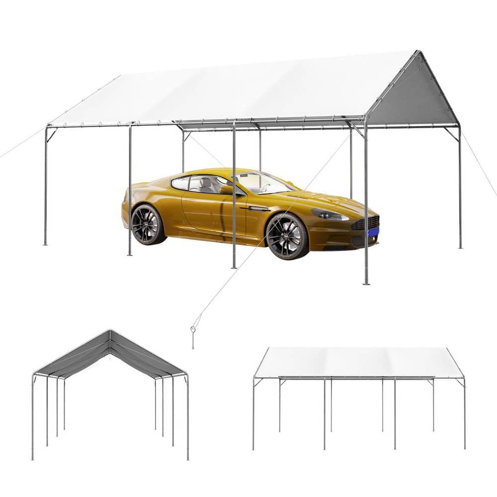 PHI VILLA 12 ft. x 20 ft. Galvanized Steel Frame and PE Portable Garage ...