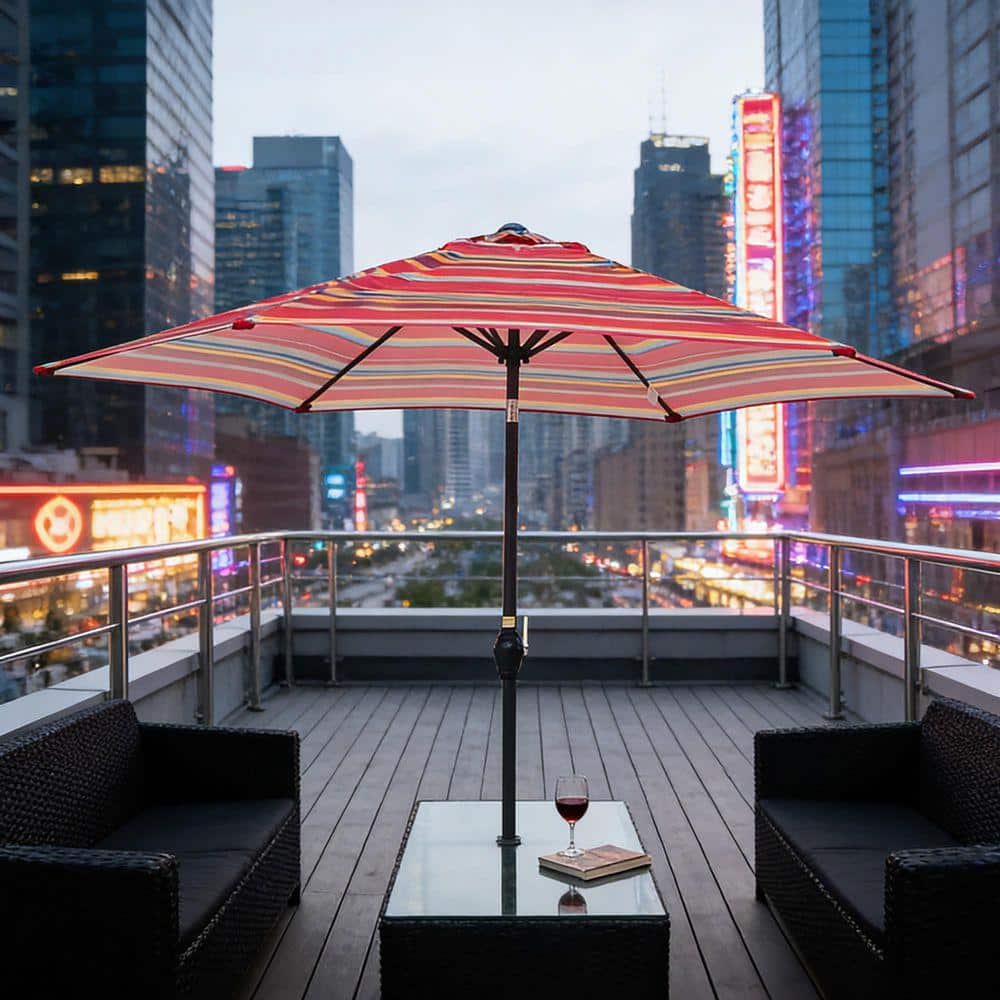 Coporesell 9 ft. Metal Patio Umbrella in Red striped with Crank and ...