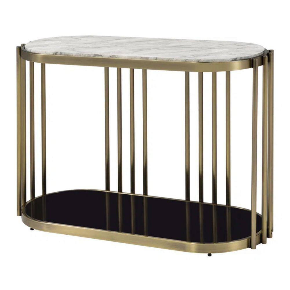 Benjara 18 in. White, Black and Antique Gold Brass Oval Glass Top ...