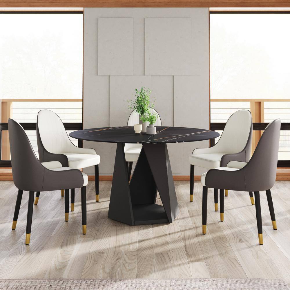 Magic Home 53.1 in. Black Round Sintered Stone Tabletop Black Pedestal ...