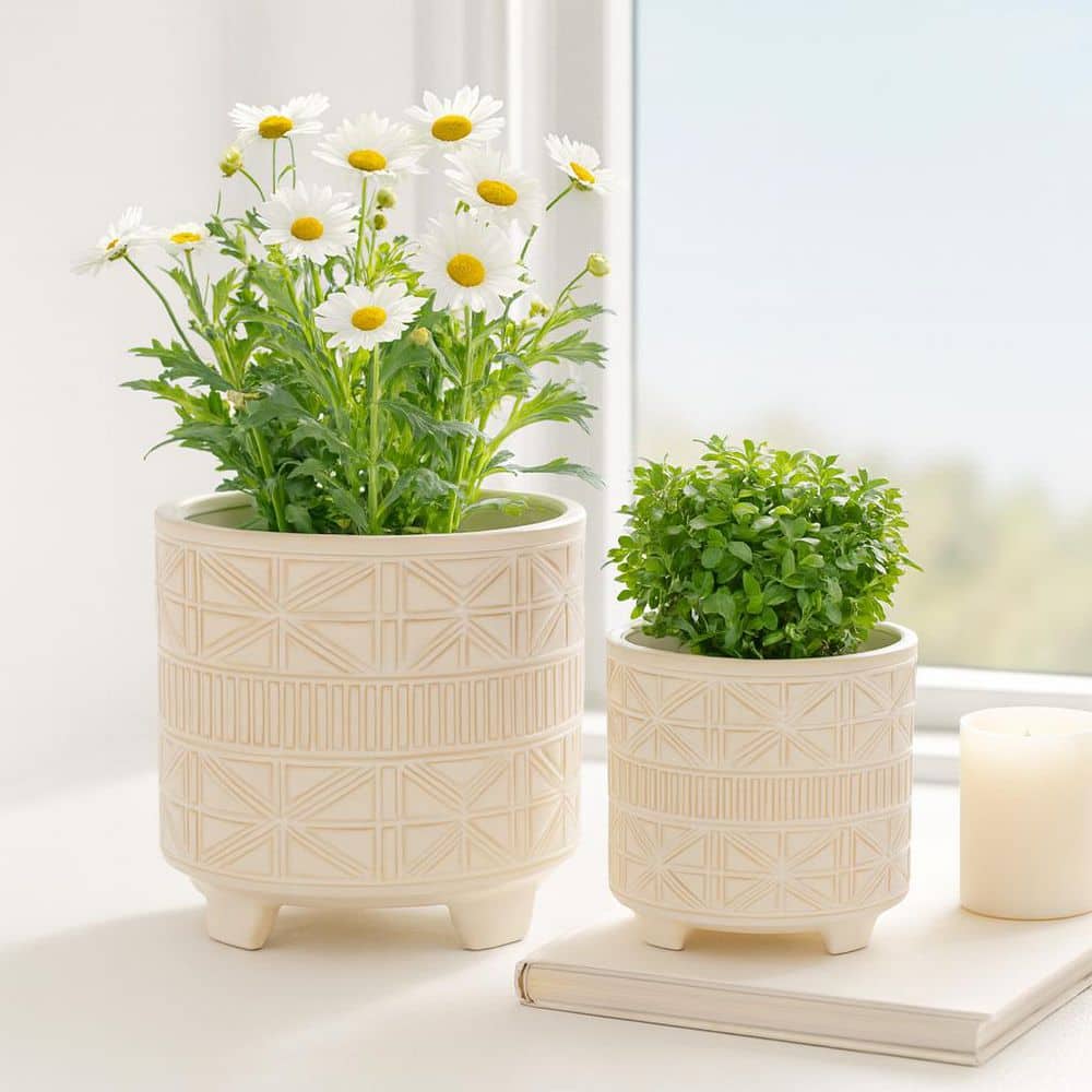 Liv & Skye 9 in. x 9 in. White Ceramic Abstract Geometric Footed ...