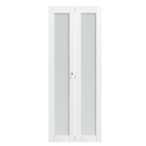TENONER 30 in. x 80 in. 1-Panel, Frosted Glass, White Solid Core, MDF Wood, PVC Covering Bi-fold ...