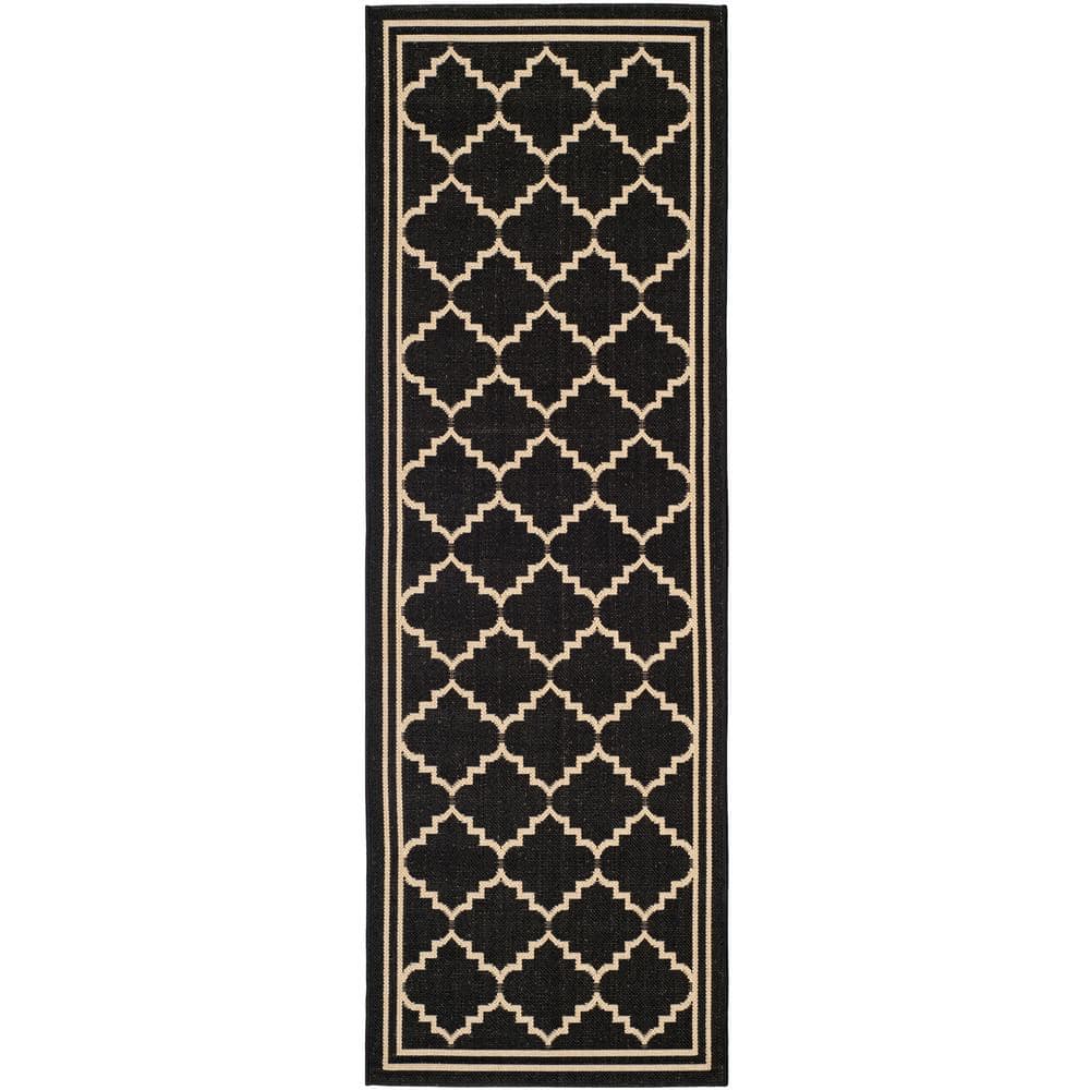 SAFAVIEH Courtyard Black/Cream 2 ft. x 7 ft. Geometric Indoor/Outdoor ...