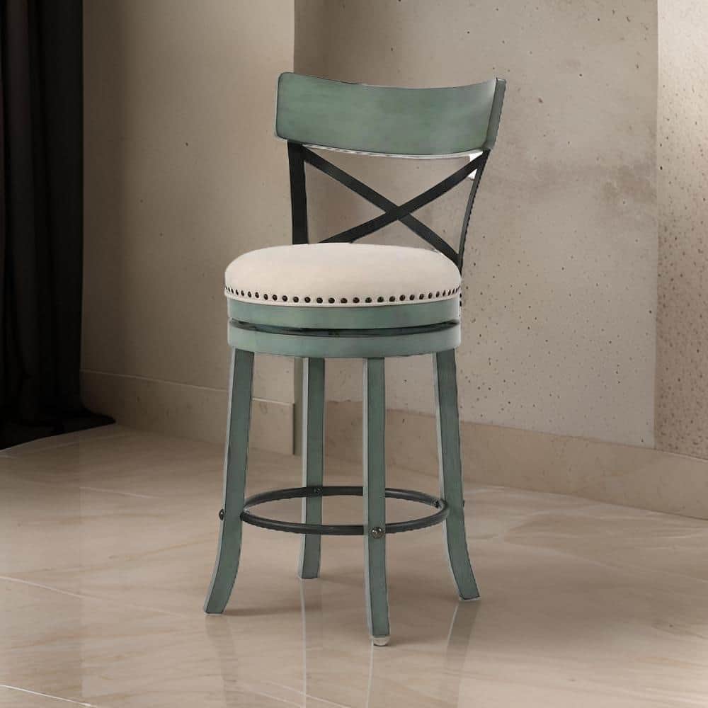 Benjara 30.5 in. Green, Black and Beige Low Back Wood Frame Bar Stool ...