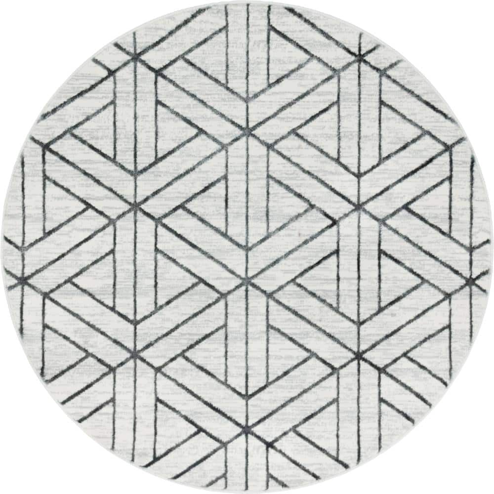 Unique Loom Matrix Trellis Motif White 5 ft. x 5 ft. Round Area Rug ...