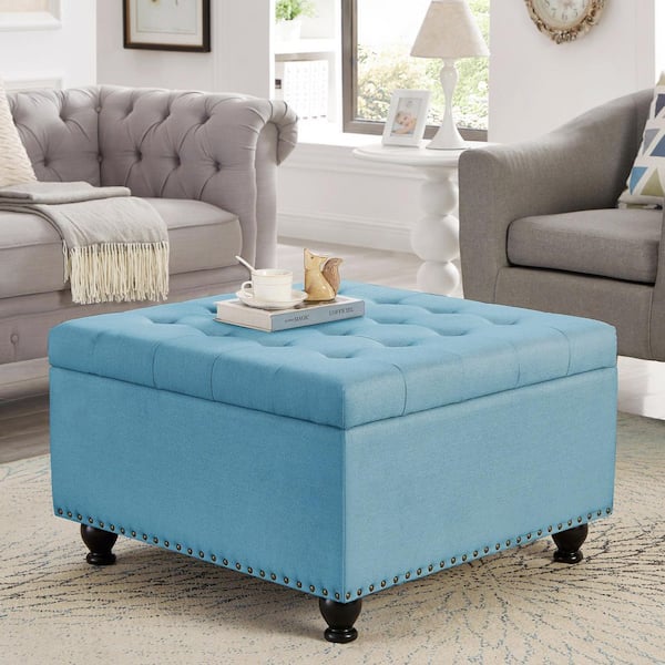 Noble House Horizon Light Blue Linen Upholstered Modern Square Storage ...
