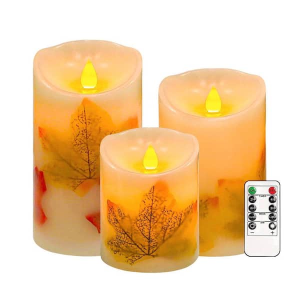 Flameless LED Flickering Remote Timer Dimmable Maple Leaf Pillar Candle ...