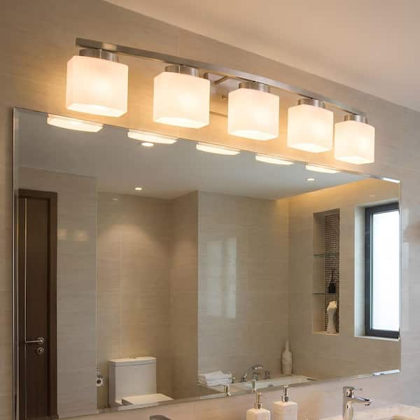 YANSUN 41 in. 5-Light Nickel Vanity Light for Bathroom Bedroom Mirror ...