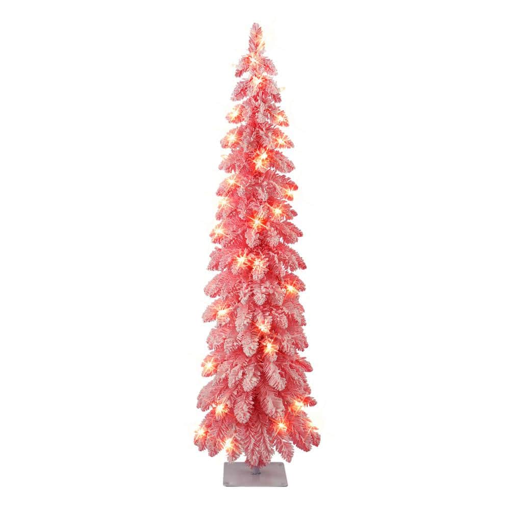 Puleo International 4 ft. Prelit Pink Flocked Alpine Pencil Artificial ...
