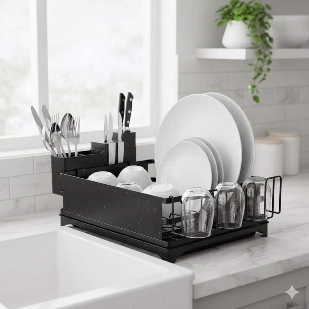 Lynzavix Black Steel Dish Rack with Cutlery Holder and Drip Tray, Large ...