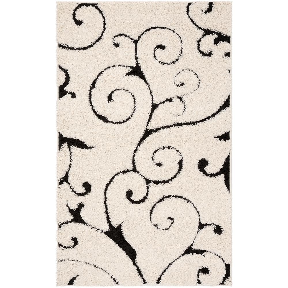 SAFAVIEH Florida Shag Ivory/Black Doormat 3 ft. x 5 ft. High-Low Floral ...