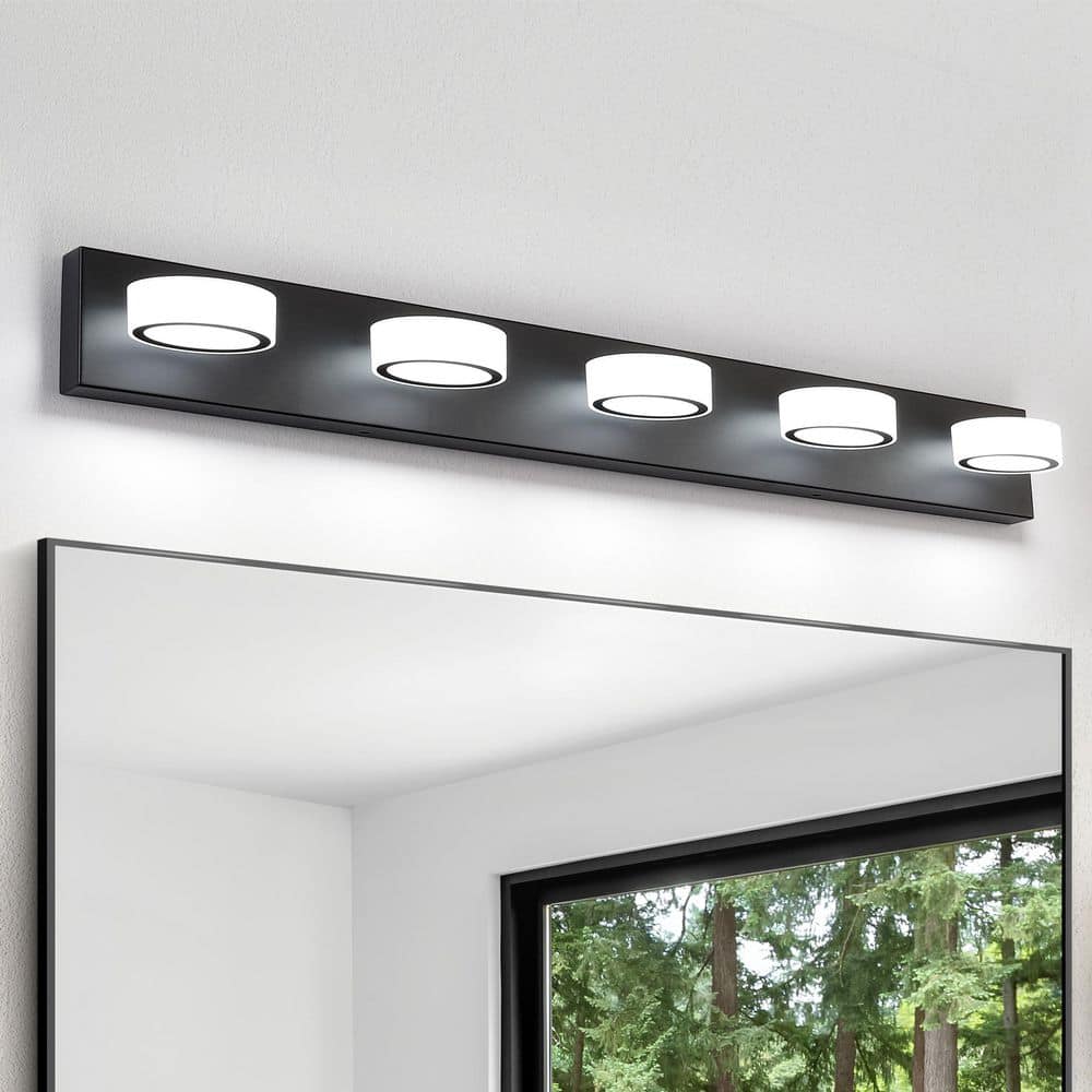 JUSHENG 41 in. 5 Light Black LED Vanity Light Bar with 270° Rotatable ...
