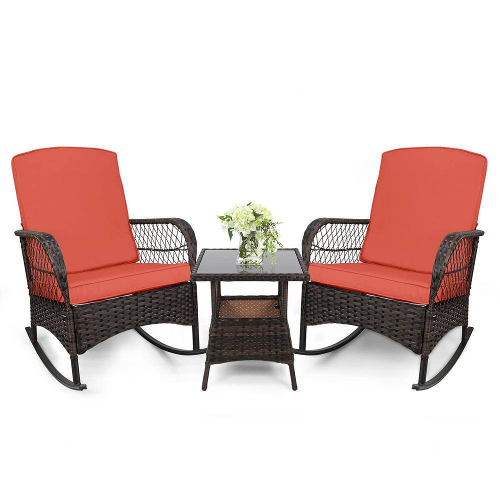 Cisvio 3-Piece Outdoor Wicker Rocking Bistro Set Conversation Chairs PE ...