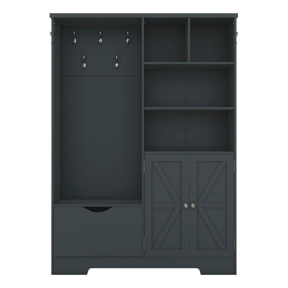 URTR Antique Blue Hall Tree with Storage Shelves, Drawer and Cabinet Wooden Coat Rack with Hooks ...