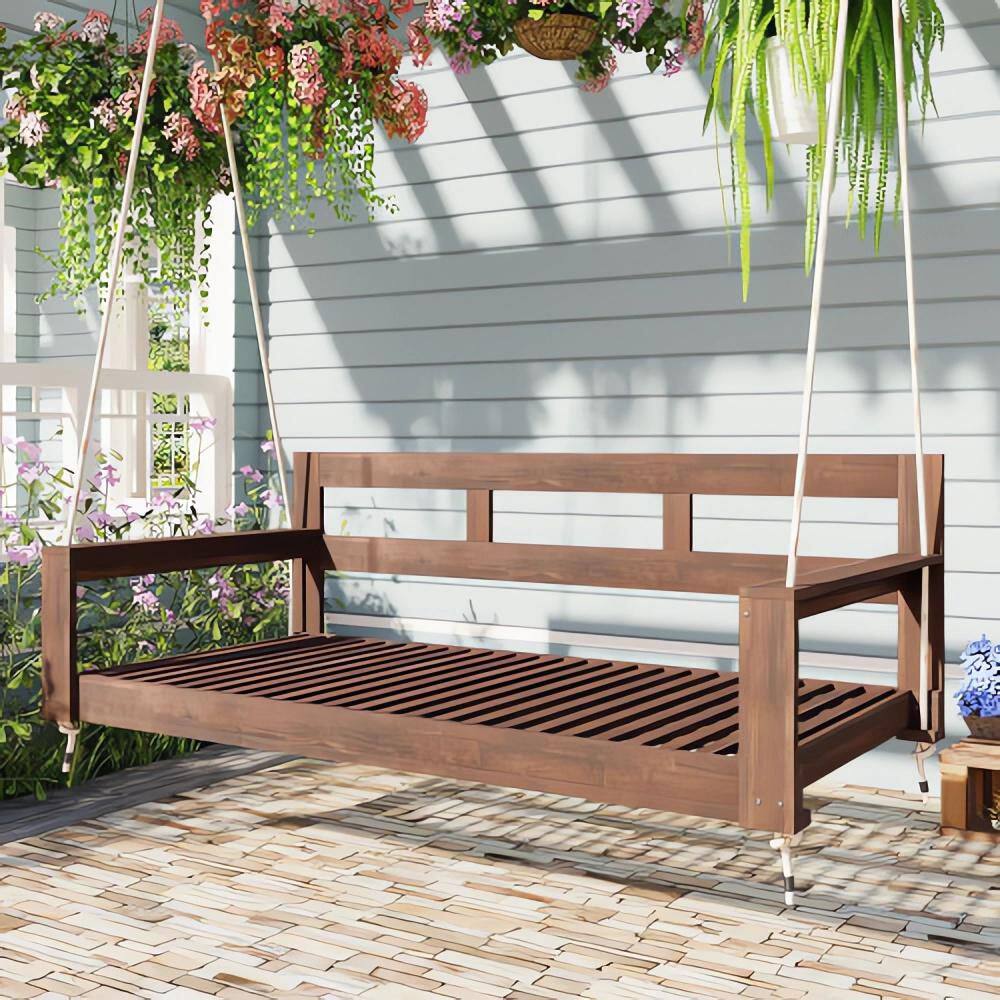 TIRAMISUBEST Patio Brown 2-Person Acacia Wood Porch Swing with Ropes ...