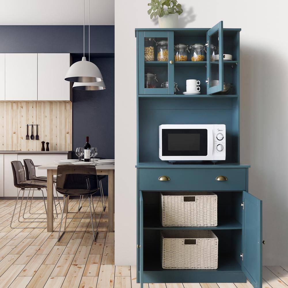 VEIKOUS Blue Wood 31.5 in. W Kitchen Pantry Cabinet Storage with Buffet Cupboard Microwave Stand and Adjustable Shelves HP0405 04BU 6 The Home