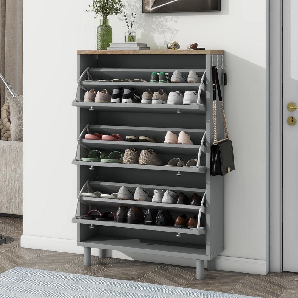 Harper Bright Designs 47.6 in. H x 31.5 in. W Gray Shoe Storage Cabinet with Wood Grain Pattern Top 3 Flip Drawers 3 Hooks Adjustable Panel