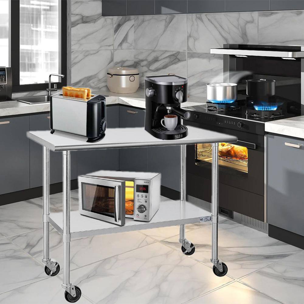 FAMYYT Silver Stainless Steel 48 in. Kitchen Prep Table with Adjustable ...