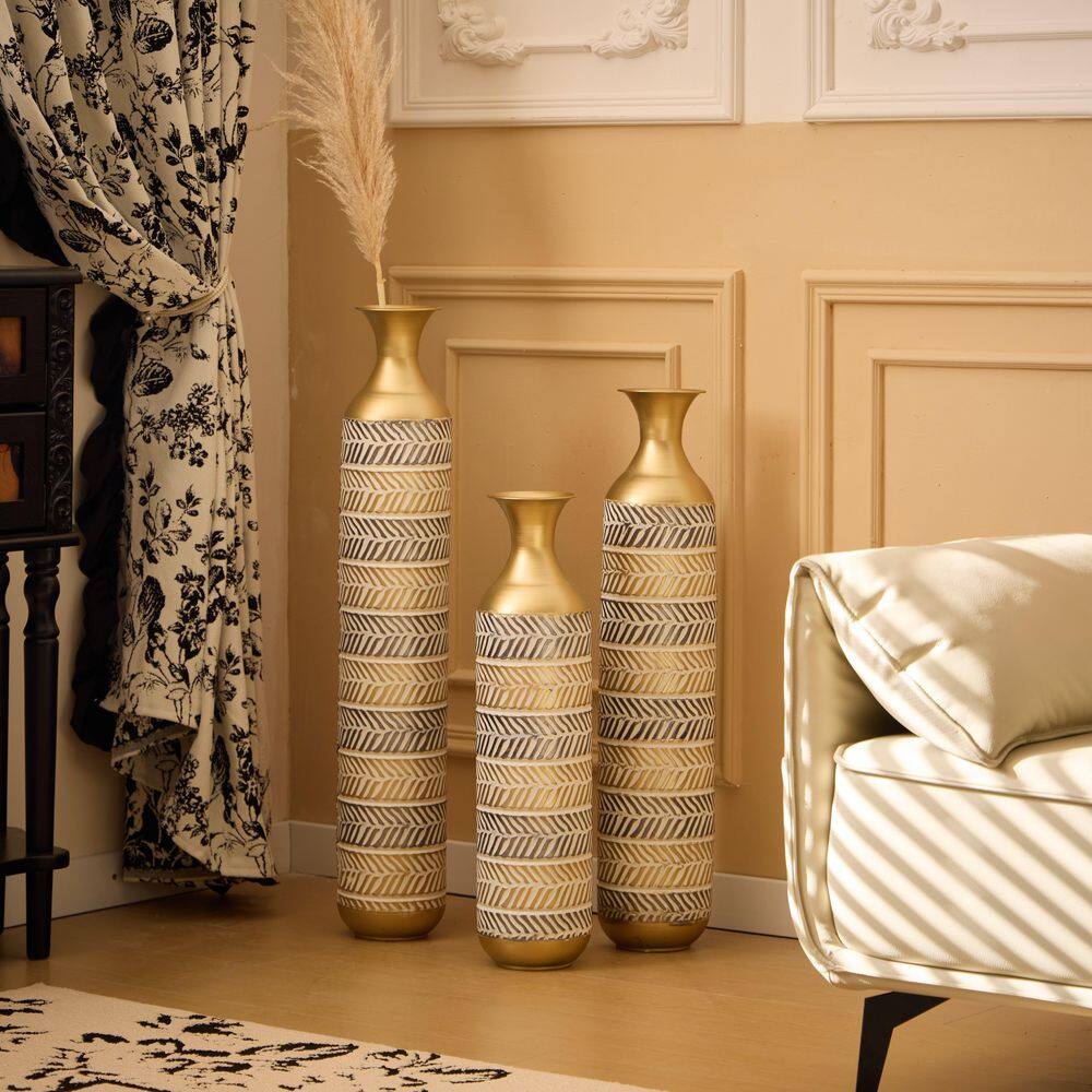 Miscool Avex 24/29/34 in. H Gold White Metal Cylinder Decorative Vase ...