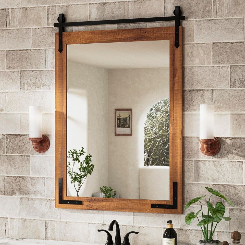 KeonJinn 24 in. W x 36 in. H Rectangular Barn Door Brown Mirrors Wood ...