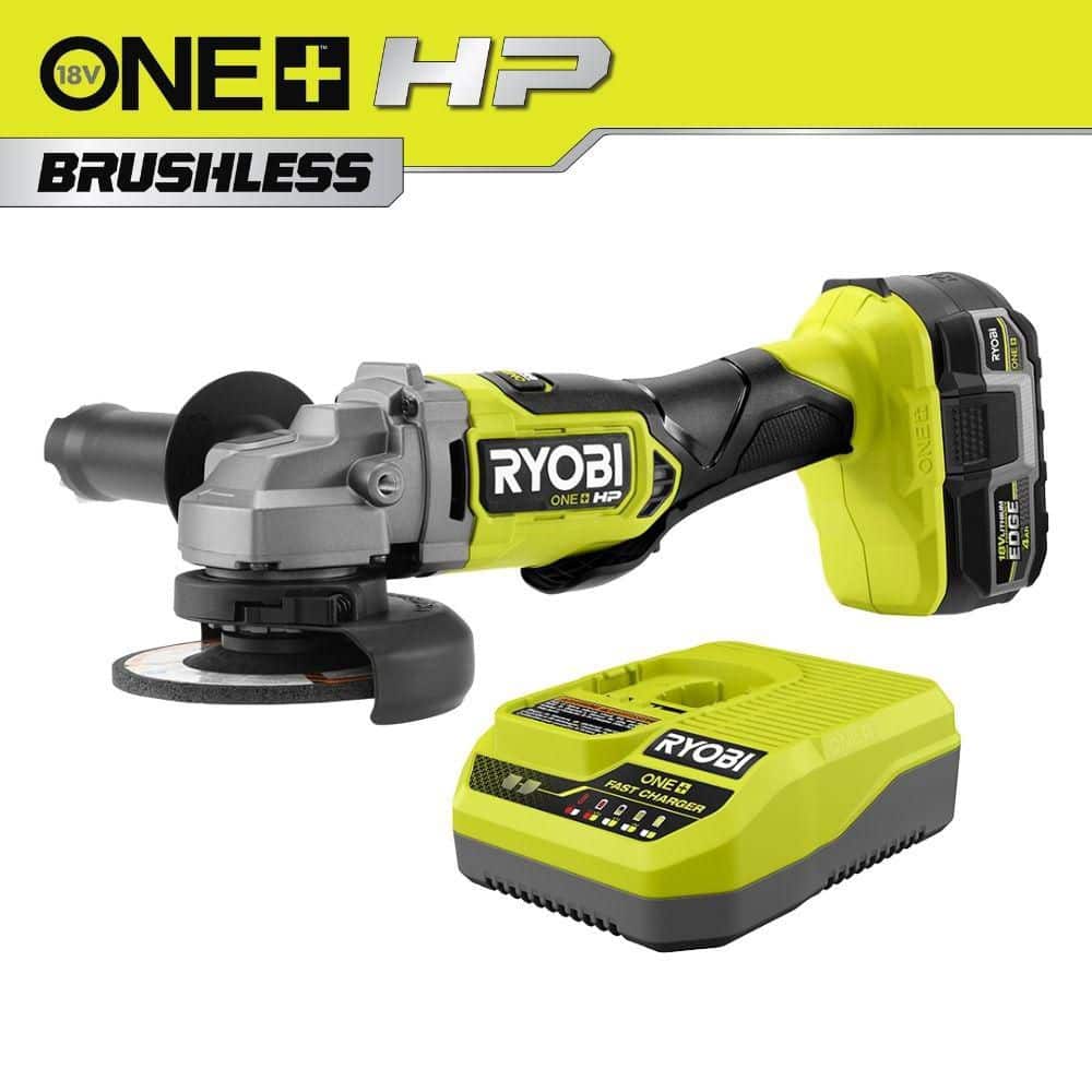 RYOBI ONE+ HP 18V Brushless Cordless 4-1/2 in. Angle Grinder Kit with 4 ...
